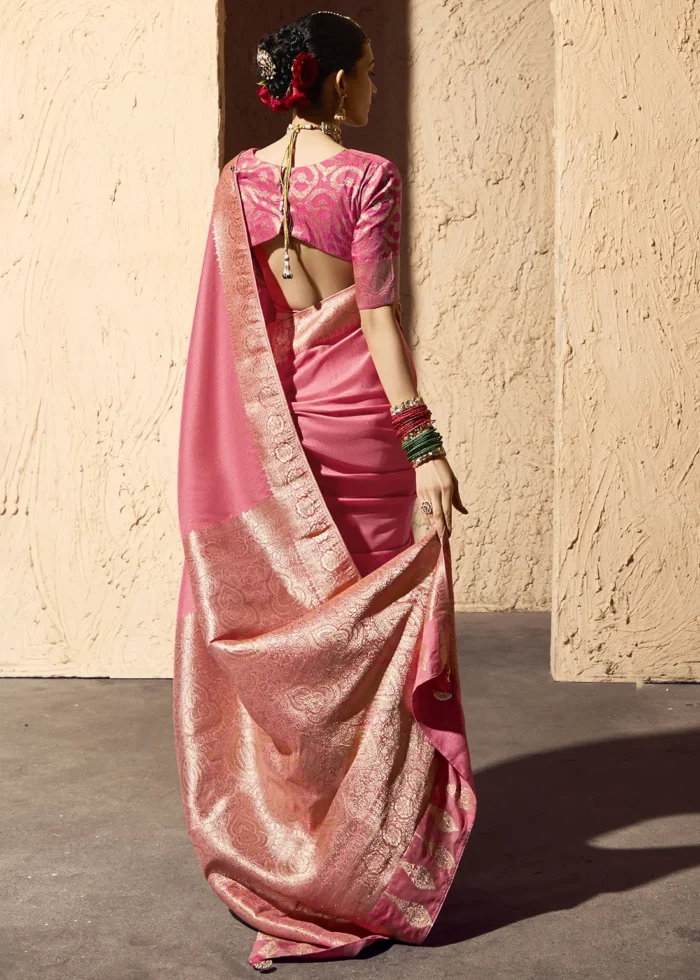 Rose Peach Georgette Banarasi Saree with Golden Zari - Urban Womania